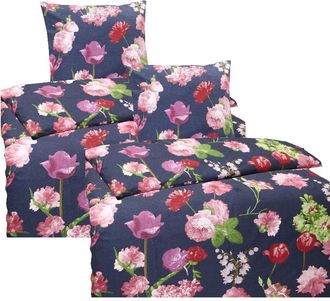 Generic Hochwertige Biber Bettw&auml;sche Baumwolle Blumen Blau Rot 135x200 80x80 Set 4tlg