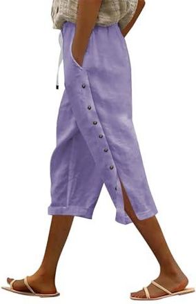 Generic IQYU Pantalon d&eacute;t&eacute; l&eacute;ger 3/4 pour femme - Pantalon sarouel - Pantalon d&eacute;t&eacute; l&eacute;ger - Avec fente - Pantalon d&eacute;t&eacute; ample - Pantalon d&eacute;t&eacute; l&eacute;ger - Taille hau