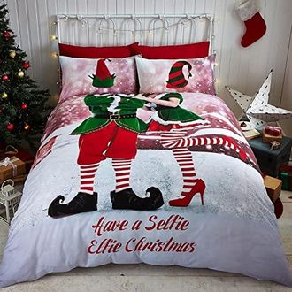 Catherine Lansfield Tonys Textiles - Bettw&auml;scheset mit Deckenbezug - Weihnachtsmann und Schlitten - Elfie - Doppelbett