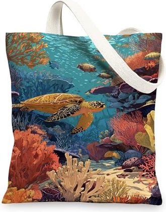 Generic Sacs fourre-tout en toile motif tortue, motif vie océanique, sacs dépicerie, sacs dépicerie réutilisables, art sous-marin, léger et lavable, multicolo