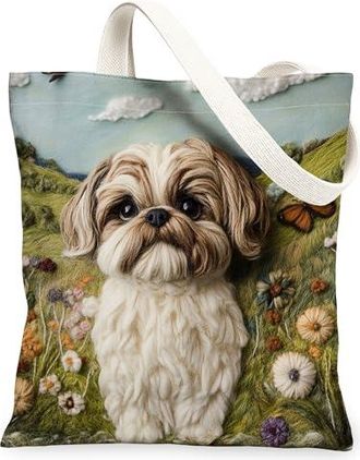 Generic Sac fourre-tout en toile motif chien Shih Tzu Spring Shih Tzu pour faire du shopping 33 x 38,1 cm, sac &agrave; bandouli&egrave;re r&eacute;utilisable pour femme, peinture