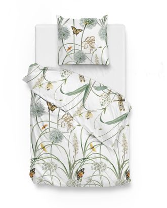 Zo!Home Mako-Satin Bettwäsche 155x220 cm Tamar White Blumen Schmetterlinge grün