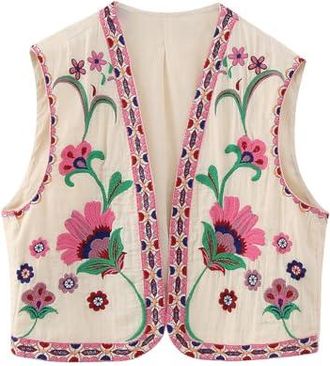 Minetom Femme Floral Brodé Gilet Été Sans Manche Veste Manteau Boho Vintage Broderie Ouvert Devant Gilet Tops A Beige L