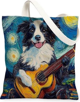 Generic Sac fourre-tout en toile motif Border Collie pour faire du shopping, 33 x 38,1 cm, motif guitare de nuit &eacute;toil&eacute;e, sac d&eacute;picerie r&eacute;utilisable, sac &agrave; ba