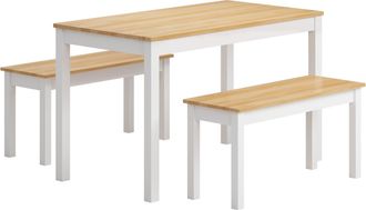 Soges Esstisch-Set aus Massivholz mit 2 B&auml;nken | Essgruppe aus Kiefernholz f&uuml;r 4 Personen | 108 cm gro&szlig;er Esstisch & Hocker als Arbeits- und Schreibtisch | 