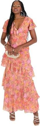 Anaya with Love Womens Maxi Dress Ladies Flutter Sleeve Plunge V-Neck Ruffle Tiered Skirt Lace-up Strappy Back Tropical Floral Print, Coral, 44