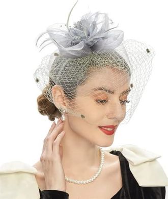 Generic Chapeau bibi de mariée pour femme - Bandeau de fête - Chapeau derby - Fleur de mariage - Voile en maille, gris, taille unique