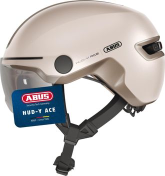 ABUS Stadthelm HUD-Y ACE - stylischer Fahrradhelm mit Visier und magnetischem, aufladbarem LED-R&uuml;cklicht - f&uuml;r Damen und Herren - Beige, Gr&ouml;&szlig;e L