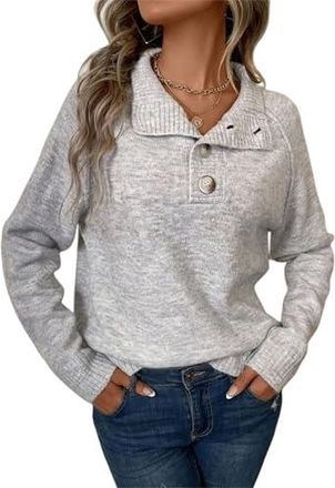 Generic Pull à col montant boutonné en tricot torsadé pour femme, pull décontracté à manches longues, pull ample tendance, gris, XL