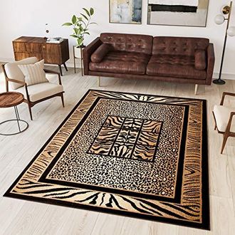 Tapiso Atlas Tapis Poils Ras Moderne Marron Noir Motif Animalier Tapis Z&egrave;bre Panth&egrave;re Bordure Tapis Salon Chambre Adulte Salle &agrave; Manger Bureau Oeko-TEX R&eacute;sis