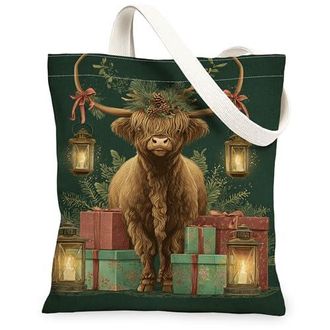 Generic Sacs fourre-tout en toile de vache de No&euml;l, motif animal rustique, sacs d&eacute;picerie r&eacute;utilisables, vintage l&eacute;gers et lavables en toile pour ext&eacute;rieur, v