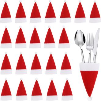 Valiclud 30st S&uuml;ssigkeiten Weihnachtliche Tischdekoration Weihnachten Mini Rote Weihnachtsm&uuml;tzen Weihnachtsmannm&uuml;tzen, Besteckhalter Mini Christmas Hats Cutler