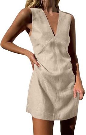 Generic Robe courte d&eacute;t&eacute; en coton et lin avec col en V pour femme - Mini robe d&eacute;contract&eacute;e trap&egrave;ze - Robe d&eacute;t&eacute; moulante - Robe d&eacute;t&eacute; boh&egrave;me - Robe ample pour v