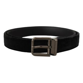 Dolce & Gabbana Velvet Silver Tone Logo Metall Schnalle G&uuml;rtel - - Accessories - Herren - Schwarzk - ONE SIZE