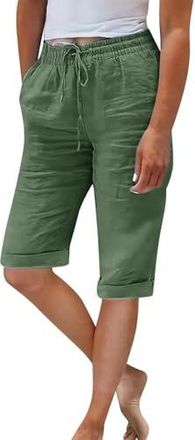 Generic Short en lin pour femme, short longueur genou pour femme, bas en coton et lin, taille &eacute;lastique, cordon de serrage, pantalon court d&eacute;contract&eacute; l&eacute;ger a