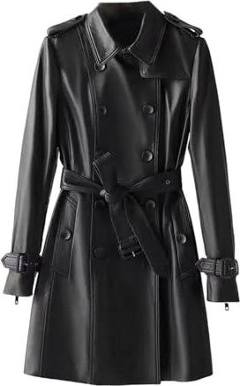 Generic Trench-coat en daim pour femme - Veste classique &agrave; double boutonnage coupe ajust&eacute;e mi-longue en peau de mouton, 4, M