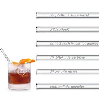 Halm HALM Glasstrohhalme Köln Edition Lustige Karneval Sprüche | 6x 15 cm kurz Strohhalme aus Glas Geschenkset mit gravierten Sprüchen | Cocktail Set Kölle