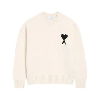 Ami Homme, Pulls, Beige, Taille: S Pull Blanc à Col Rond