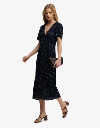 Superdry Kurz&auml;rmliges Midi-Freizeitkleid in Marineblau mit Nelkenmuster und Streifen und Knopfleiste-Navy
