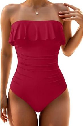 Holipick Maillot de bain une pi&egrave;ce sans bretelles pour femme - Contr&ocirc;le du ventre - Bandeau &agrave; volants - Maillot de bain amincissant, Rouge, Taille XL