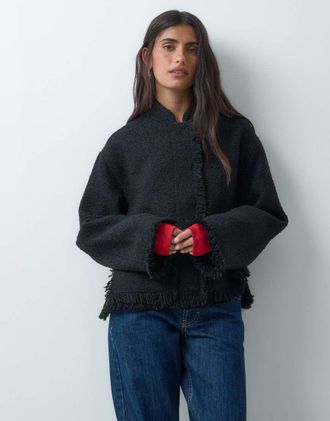 Asos veste boucl&eacute;e en m&eacute;lange de laine noire sans col