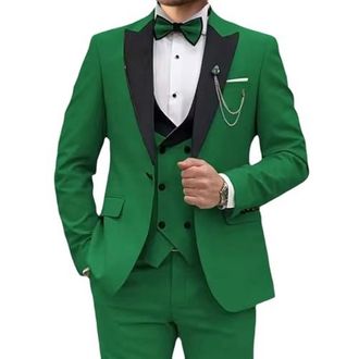 Generic Costume 3 pièces élégant en velours pour homme, coupe ajustée, revers à visière, smoking, veste de dîner, gilet et pantalon, Vert, 3XL