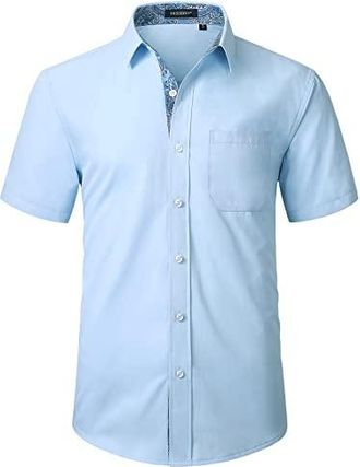 Hisdern Chemise à Manches Courtes pour Hommes Bleue décontractée dété Chemise Coupe Classique avec Poches, Bleu,2XL