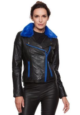 Jilani Lederjacke Alla Jilani - Damen Lederjacke Bikerjacke Lammnappa schwarz / royalblau