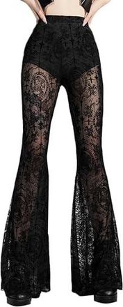 Feoya Pantalon Évasé en Dentelle Velours Femme Legging Gothique Taille Haute Pantalon Bootcut Transparent Stretch Legging Long Punk Noir L Pantalon Moulant 