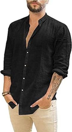 ORANDESIGNE Homme Chemise &agrave; Manches Longues en Lin Basic Business Loisirs Mariage Slim Fit Chemise A Noir XXL