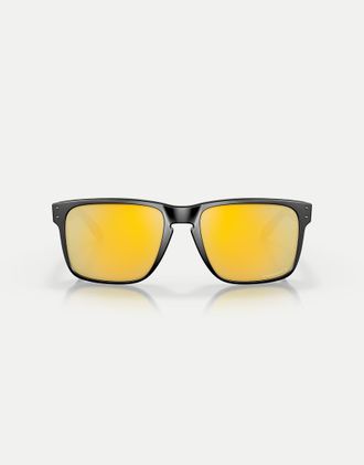 Oakley Holbrook XL - Eckige, polarisierte Sonnenbrille in Mattschwarz mit verspiegelten goldfarbenen Gl&auml;sern