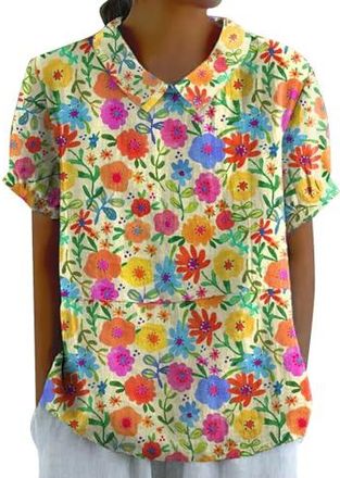 Generic Chemise Femme Chic et élégant Chemisiers et Blouses Femme dété Revers Col Rond à Manche Courte Tops Fleurie Respirant T-Shirt Grande Taille Pas Cher D