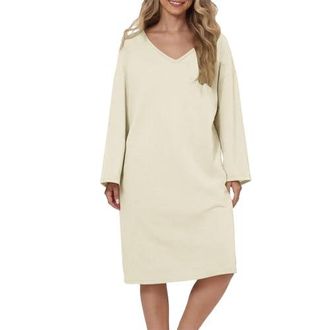 Generic Chemise de nuit thermique pour femme - Pyjama dhiver épais à manches longues - Col en V - Manteau de maison long - Pyjama baggy chaud et confortable -