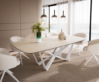 DELIFE Esstisch Edge Boot 240x120 cm Keramik Travertin Natur Spider Metall Weiß, Esstische