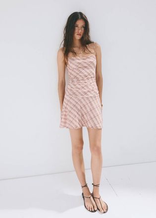 Mango Robe &agrave; carreaux fronc&eacute;e rose - Femme - S - MANGO
