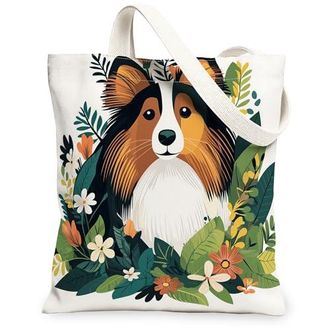 Generic Sac fourre-tout en toile motif chien de berger des Shetland printaniers 33 x 38,1 cm, sac d&eacute;picerie r&eacute;utilisable avec motif imprim&eacute; de plantes, fleurs