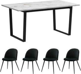 ebuy24 Ebuy24 - Tilst Essgruppe Tisch weiß Marmor Print 90x160 4 Stühlen Velour schwarz