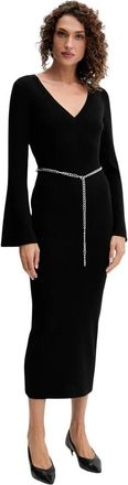 Michael Kors Robe mi-longue en maille ceintur&eacute;e en laine - Femme - Robes - Noir - Taille: 40 FR