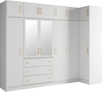 Vente-Unique Armoire dangle 6 Portes et 3 tiroirs - Avec miroirs - L311 cm - Blanc + RÈhausses - Lizandro