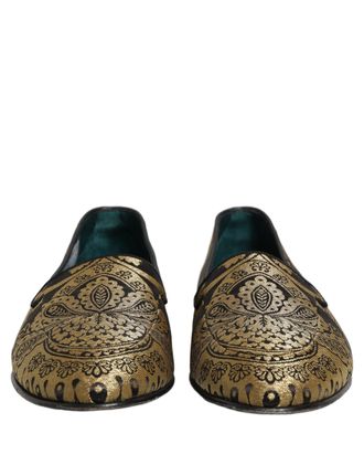 Dolce & Gabbana Mens Gold Jacquard Leather Slip On Loafers Shoes