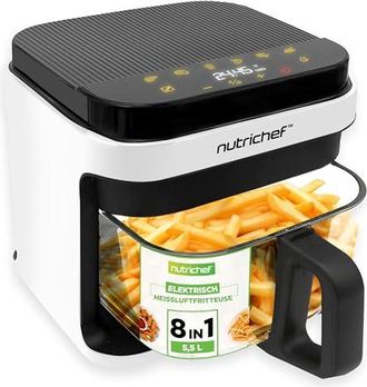 Nutrichef NutriChef Hei&szlig;luftfritteuse 5,8 L - 8-in-1 Programme, Transparente Sch&uuml;ssel, Temperatur- und Zeiteinstellung, Antihaftbeschichtet, F&uuml;r Fleisch, Pommes