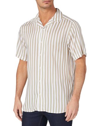 Only & Sons Herren Leichtes Kurzarm Hemd mit Resort Kragen Gestreiftes Freizeit Shirt aus Viskose ONSWAYNE, Farben:Beige, Größe Hemd:M