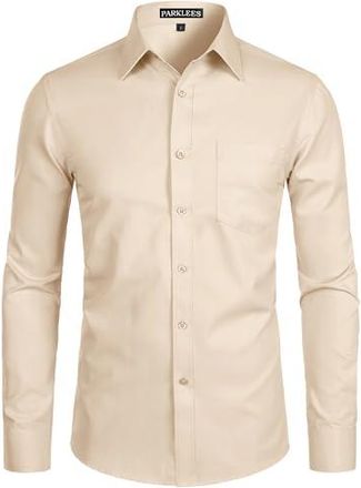 PARKLEES Chemise à manches longues pour homme - Coupe ajustée - Style décontracté - Avec poche, beige, XXL