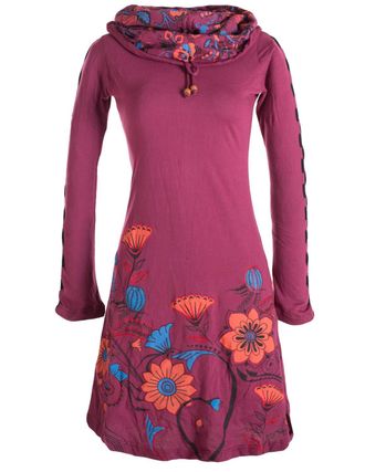 vishes Alternative Bekleidung - Damen Kleid mit Blumen-Muster Langarm Herbst Fr&uuml;hling Schalkragen dunkelrot 34