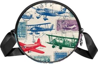 Generic Sac &agrave; bandouli&egrave;re rond pour femme, motif avion, timbres r&eacute;tro, petit sac &agrave; bandouli&egrave;re avec fermeture &eacute;clair, bretelles r&eacute;glables, sac &agrave; main rond d&eacute;c