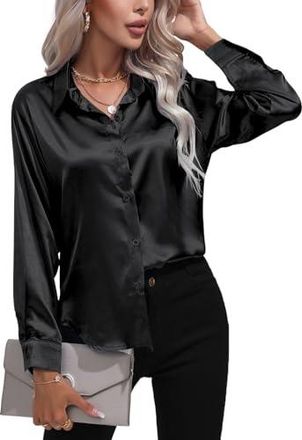 ORANDESIGNE Chemisier Femme Satin Soie Col en V Manches Longues Chemises élégant Casual Affaires Hauts avec Boutons Chemise Satin Blouses Shirts Tops Hauts Bureau