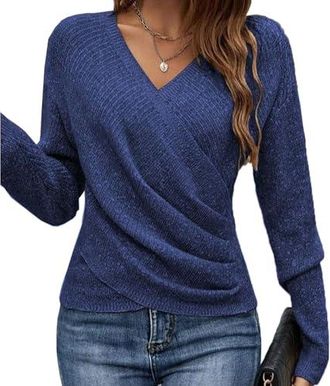 Generic Élégant pull en tricot décontracté pour femme, pull chaud à manches longues pour le printemps et lautomne, pull croisé à col en V, bleu, XL-XXL