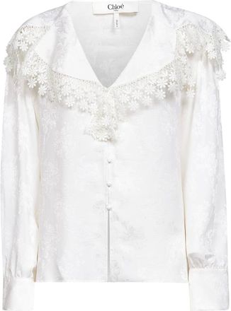 Chlo&eacute; Femme, Blouses et Chemises, Blanc, Taille: 40 FR Blouse &agrave; maxi-col en Jacquard de soie et dentelle