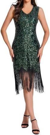 Generic Robe ann&eacute;es 20 pour femme Gatsby 1920 - robes pour femmes vert et noir - robe &agrave; franges pour femmes - robe de danse Flapper - robe courte Charleston -