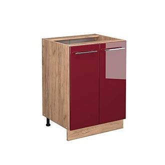 Vicco Meuble Bas de Cuisine Fame-Line, Rouge Bordeaux Haute Brillance/Chêne de Force doré, 60 cm sans Plan de Travail